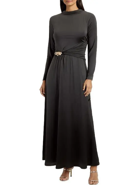 QUINCY MAE Belt Detail Long Sleeve Slinky Maxi Dress - Black