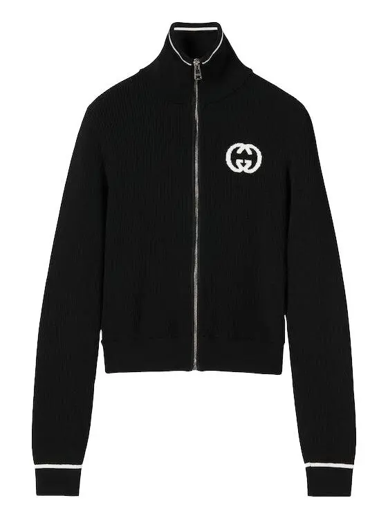 Gucci Ribbed Zip Jacket With Intarsia - Black
