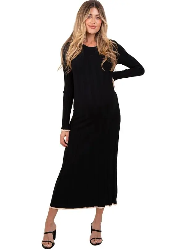 PINKBLUSH Ribbed Knit Maternity Maxi Sweater Dress - Black