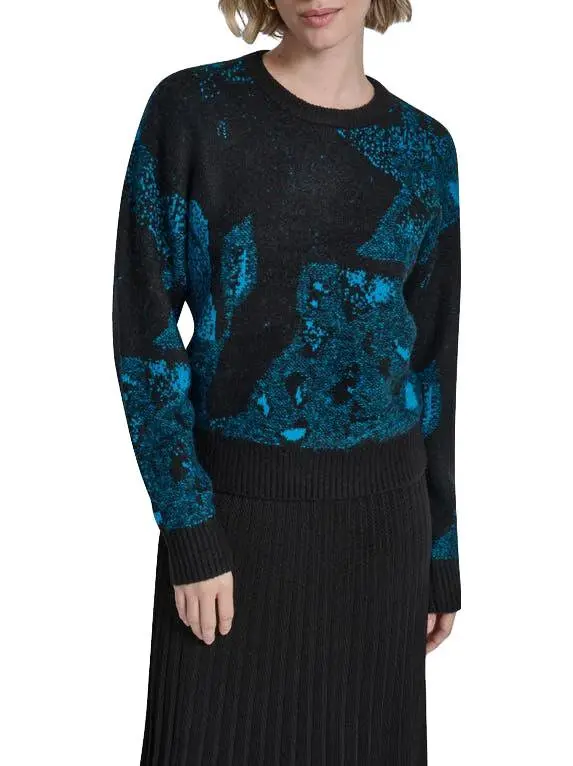 Dkny Intarsia Crewneck Sweater - Black/ocean Blue