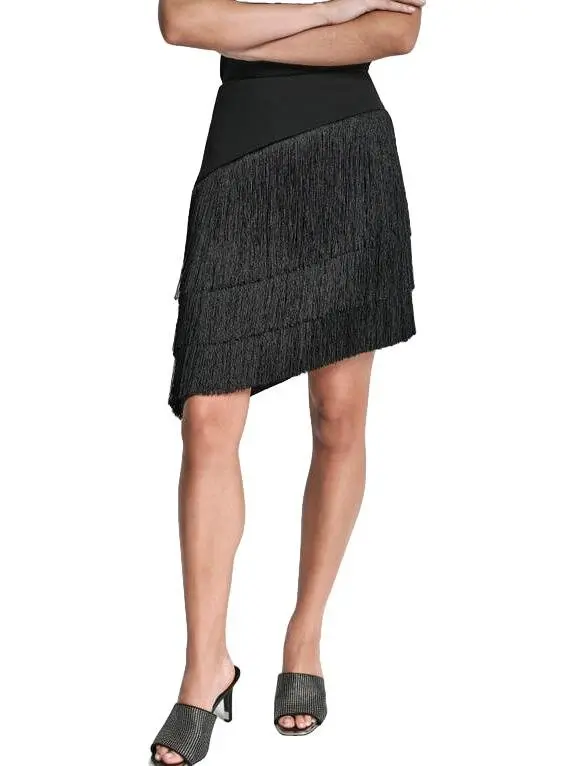 Dkny Tiered Fringe Asymmetrical Skirt - Black