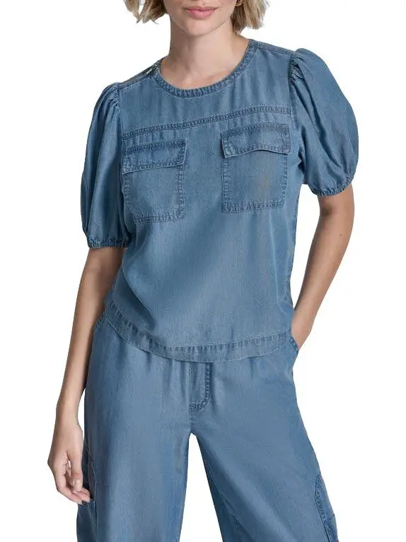 Dkny Denim Puff Sleeve Blouse - Stream Wash