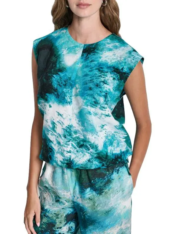 Dkny Brushstroke Print Linen Top With Drawstring Waist - Tidal Brushstroke