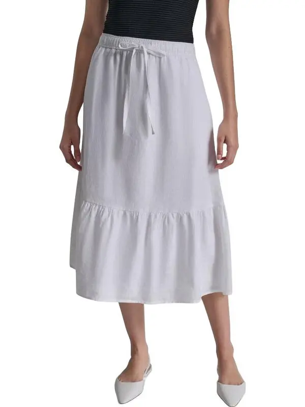 Dkny Linen Midi Skirt With Drawstring Waist - White
