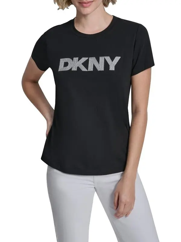 Dkny Metallic Embroidered Cotton Blend T-shirt - Black
