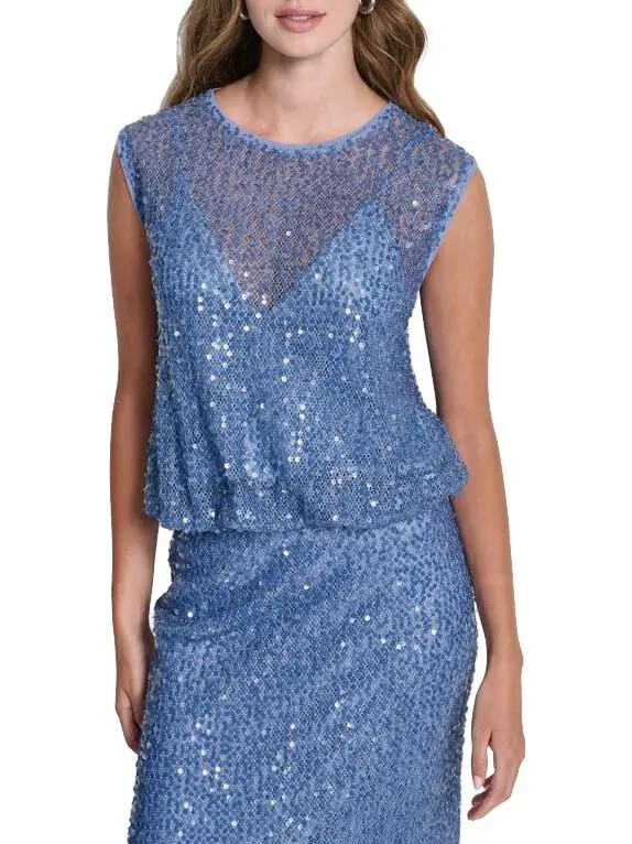 Dkny Sequin Knit Top With Bubble Hem - Liberty Sky