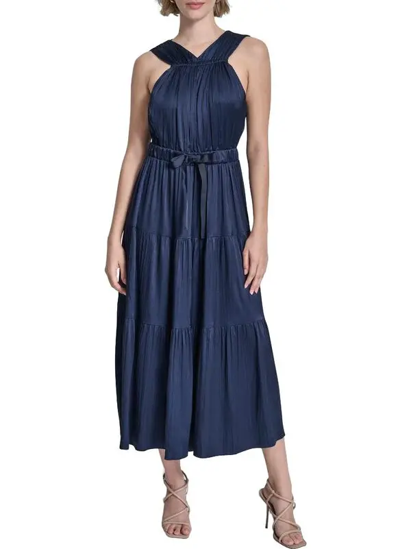 Dkny Pleated Tie Waist Satin Midi Dress - Hudson Blue