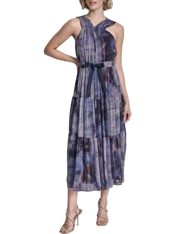 Dkny Pleated Tie-waist Chiffon Midi Dress - Hudson Lights