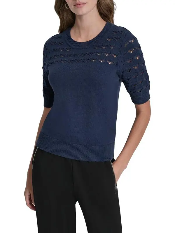 Dkny Pointelle Yoke Short Sleeve Sweater - Hudson Blue