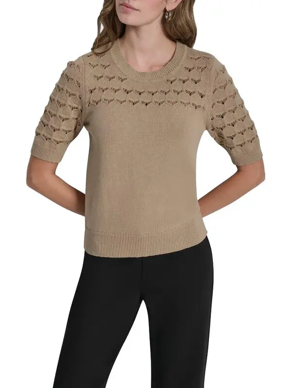 Dkny Pointelle Yoke Short Sleeve Sweater - Travertine