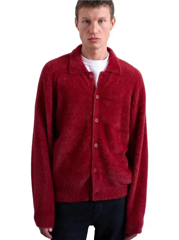 Topman Fluffy Collared Cardigan - Burgundy