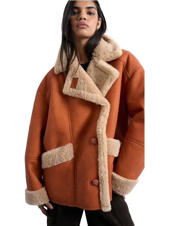Topshop Faux Shearling Oversized Car Coat - Tan Multi