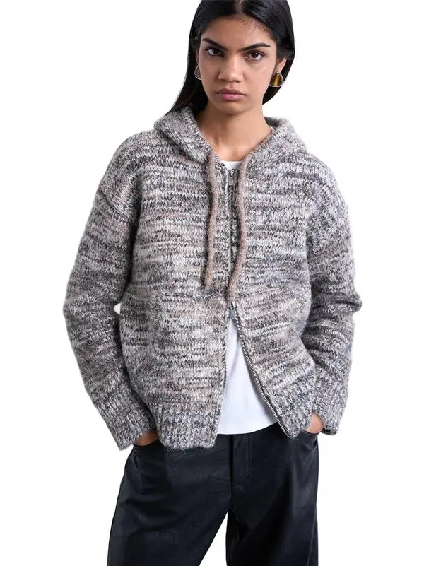 Topshop Zip Front Knit Hoodie - Grey