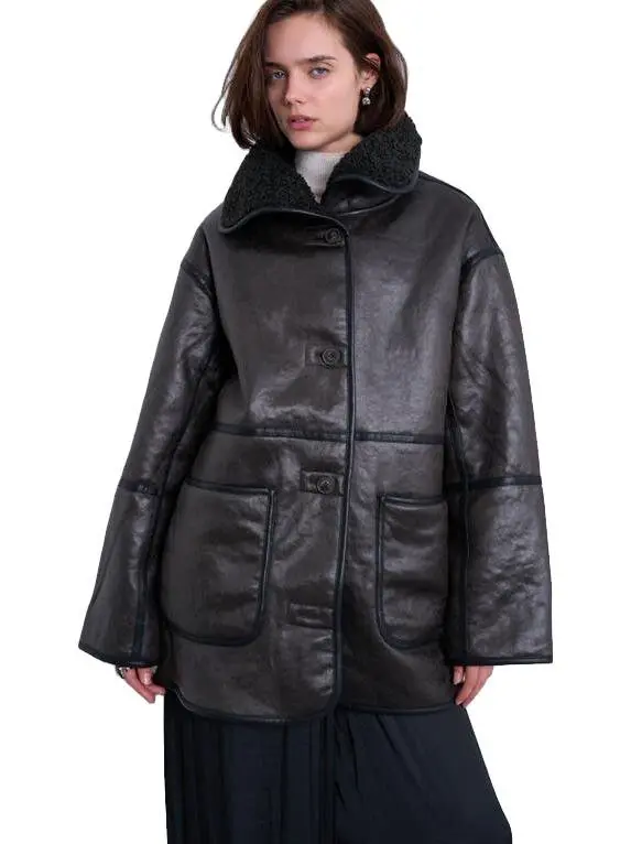 Topshop Oversized Faux Leather Car Coat With Faux Shearling Lining - Black