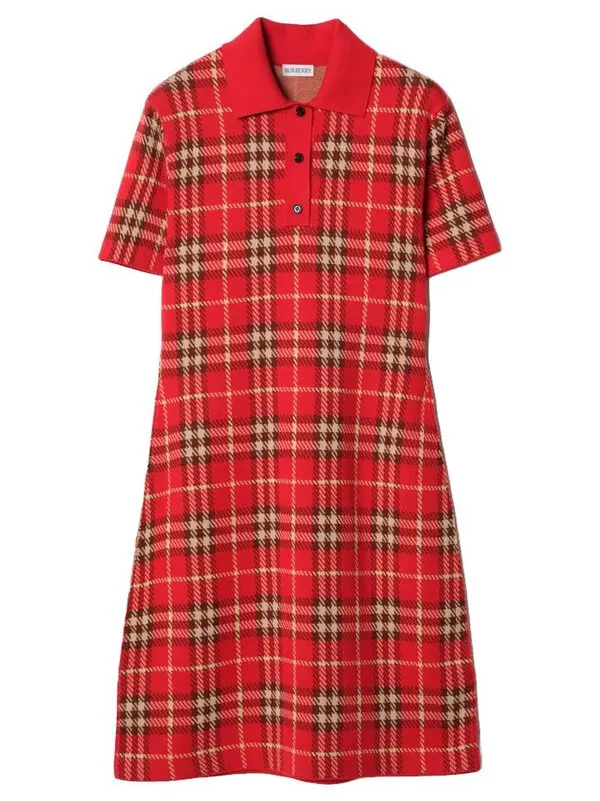 Burberry Check Wool Cotton Polo Shirt Dress - Crayon Red