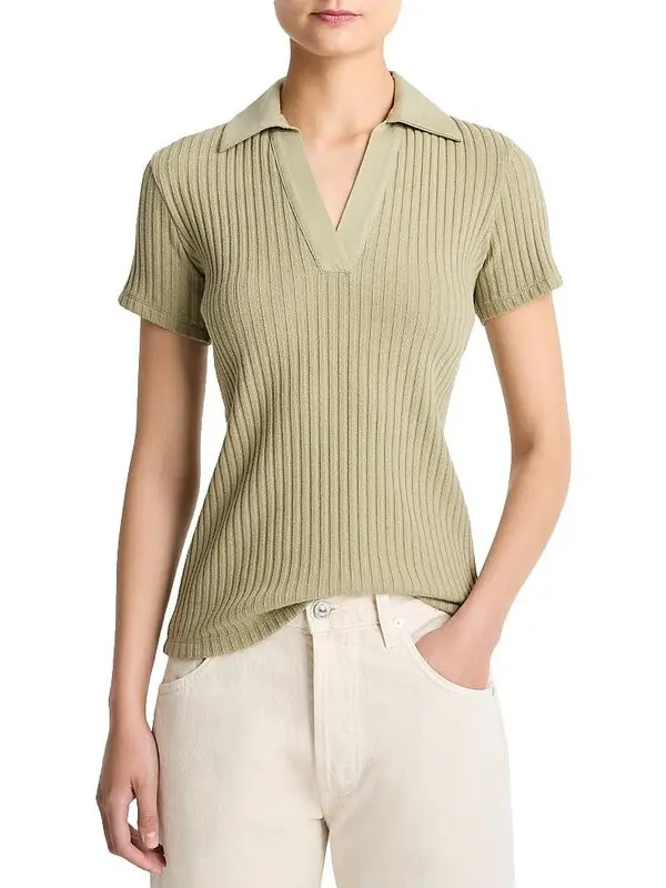 Vince Ribbed Knit Polo - Olive Stone
