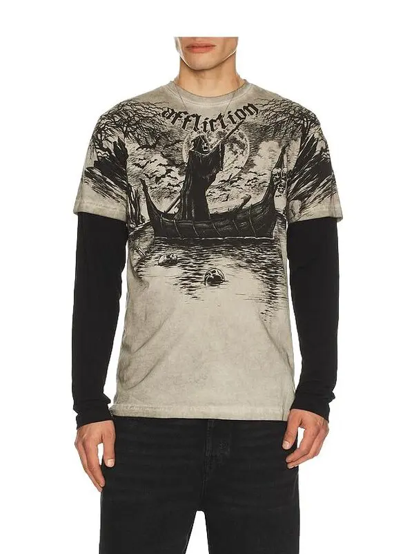 AFFLICTION River Long Sleeve Tee In Black - Vintage White Oil & Stained Black
