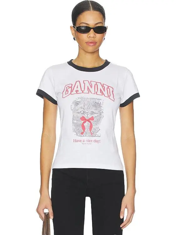GANNI Basic Cotton Jersey Margot Kitty Print Tee - Bright White