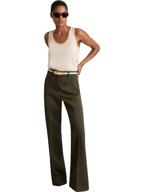 REISS Priya Twill Flared Trousers - Green