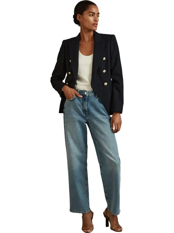 REISS Tailored Fit Textured Double Breasted Blazer - Navy