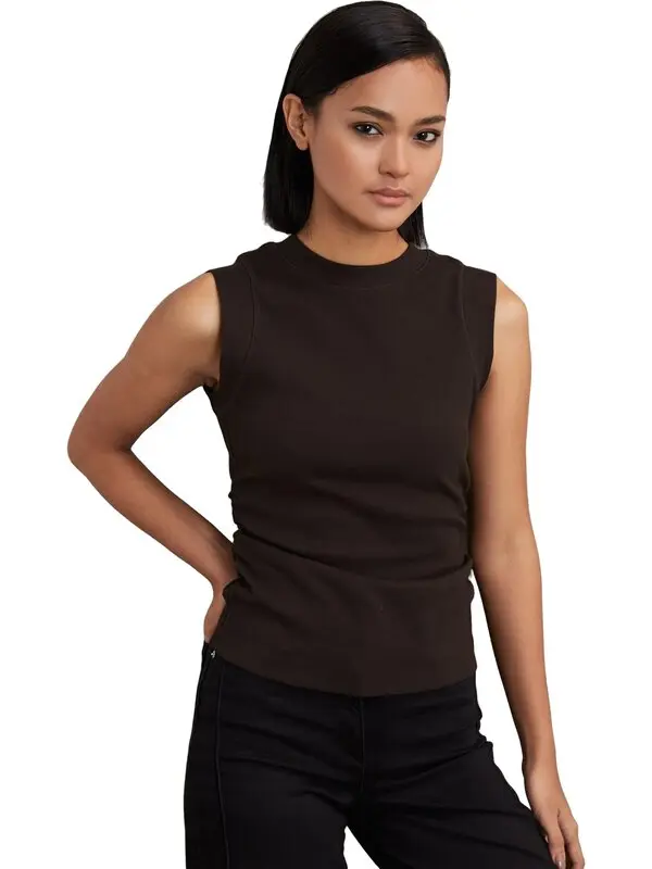 REISS Fine-rib Ruched Top - Chocolate