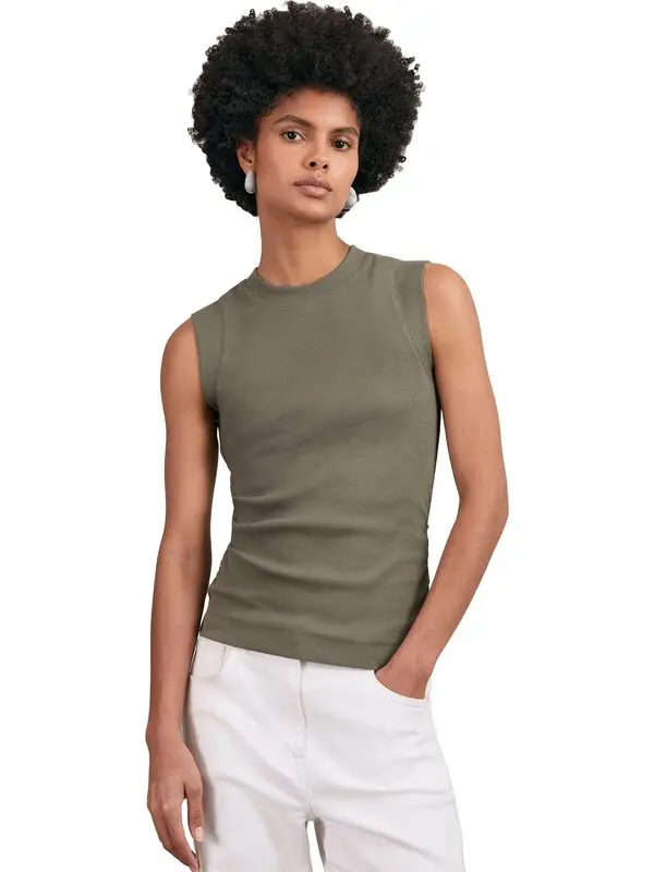 REISS Fine-rib Ruched Top - Khaki Green
