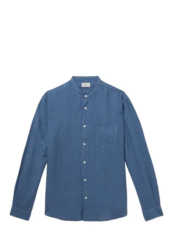 Hartford Premium Pat Grandad-collar Linen Shirt - Blue