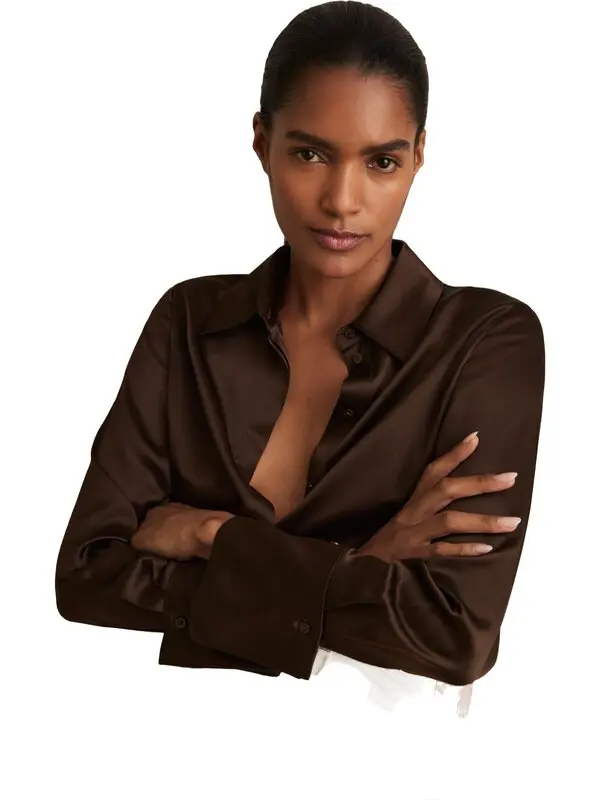 REISS Hailey Silk Shirt - Chocolate