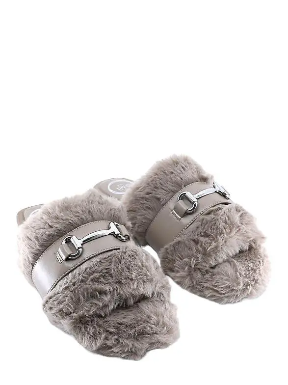 SOLEI SEA Hanni Faux Fur Horsebit Slippers - Neutral