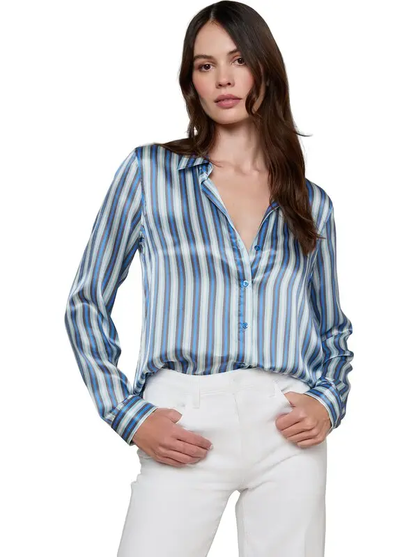 L'Agence Tyler Silk Blouse Top - Blue Multi Herringbone Stripe