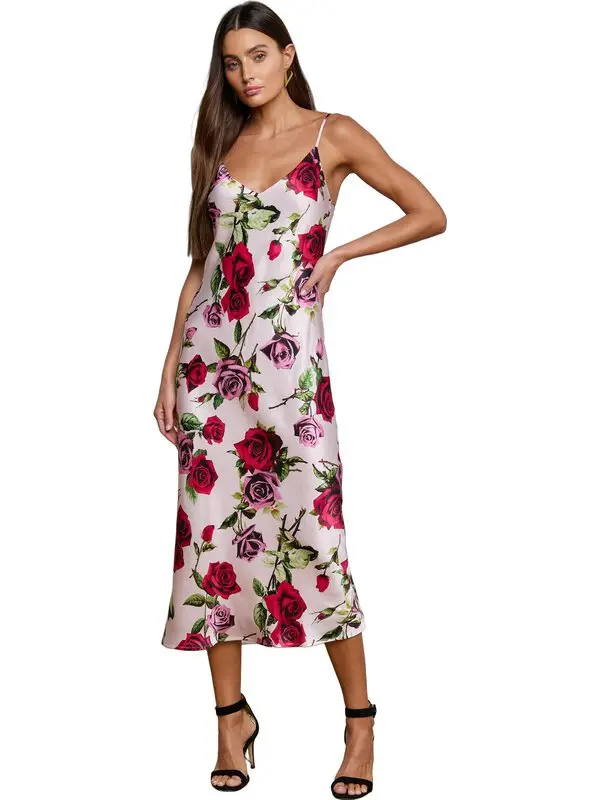L'Agence Seridie Silk Slip Midi Dress - Pink Multi Romantic Rose