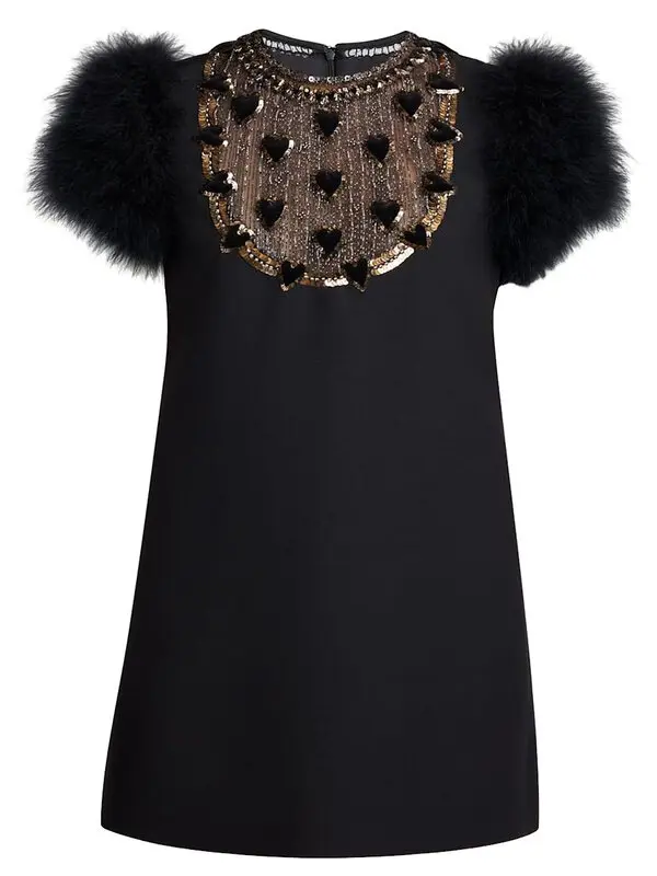 Valentino Garavani Embroidered Feather-sleeve Mini Dress - Nero/gold