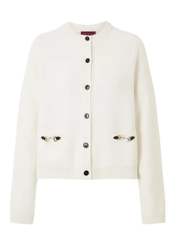 Gucci Horsebit-embellished Leather-trimmed Wool And Cashmere-blend Cardigan - White