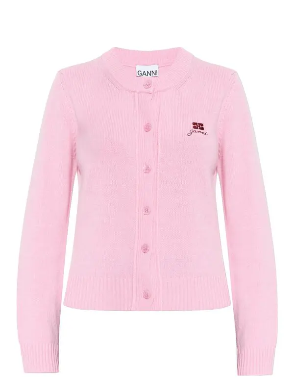 GANNI Cardigan With Embroidered Logo - Pink