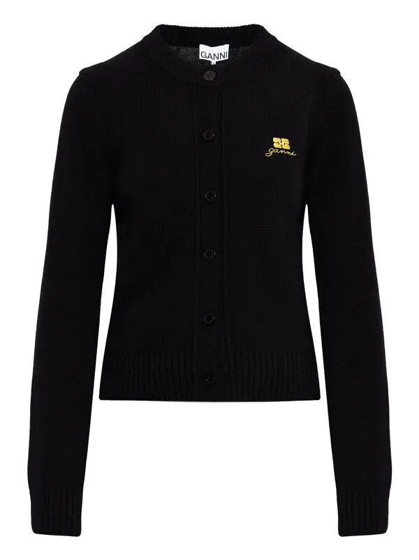 GANNI Cardigan With Embroidered Logo - Black