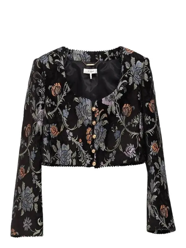 CHLOÃ© Floral Jacquard Cropped Jacket - Black