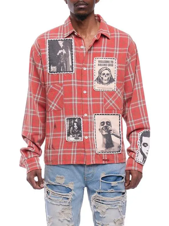 ROLLING LOUD Anarchy Plaid Cotton Flannel Button-up Shirt Jacket - Red