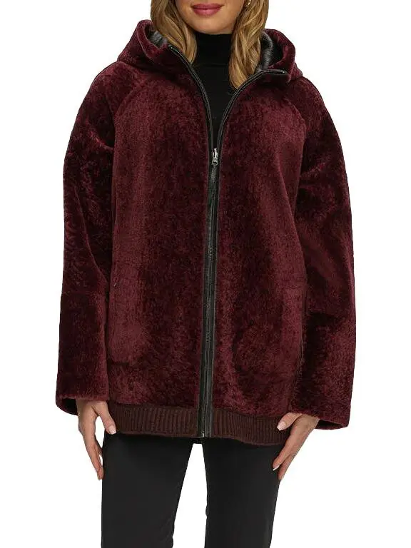 Gorski Reversible Genuine Shearling Lamb Zip Parka With Ribbed Hem - Burgundy/black