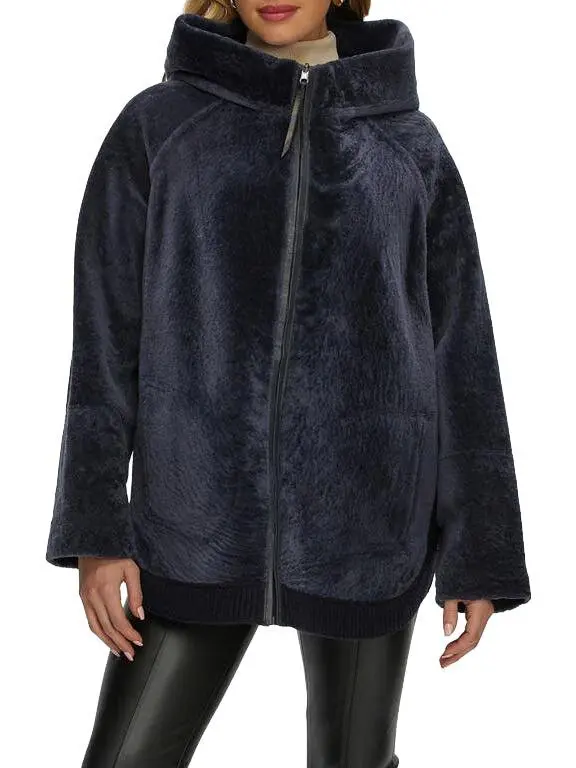 Gorski Reversible Textured Genuine Shearling Zip Parka With Ribbed Hem - Dark Blue/dark Blue