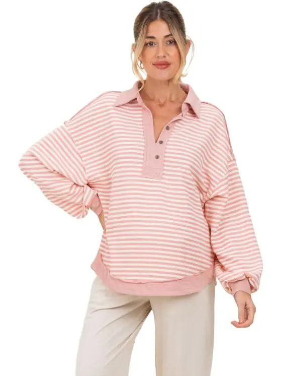 PINKBLUSH Striped Collared Pullover Top - Mauve