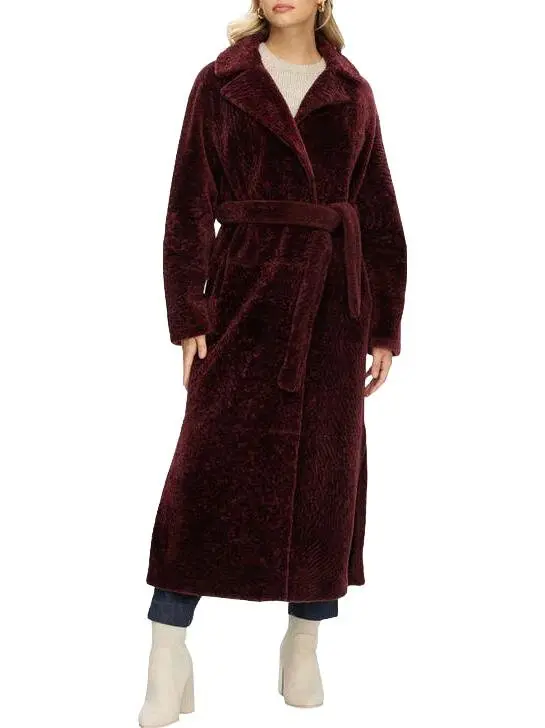 Gorski Reversible Genuine Shearling Coat With Side Slits - Burgundy/black
