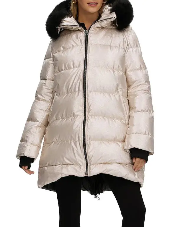 Gorski Apres-ski Horizontal Long Coat With Detachable Genuine Shearling Hood Trim - Gold/black