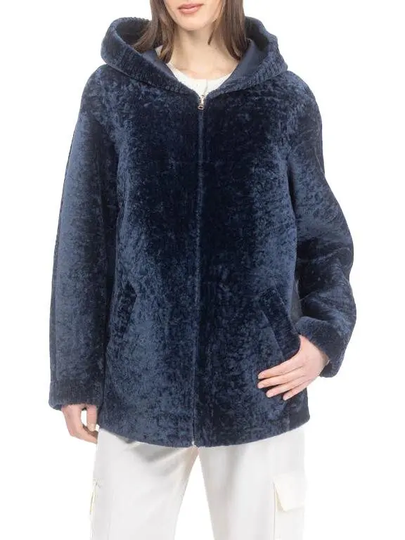 Gorski Textured Reversible Genuine Shearling Zip Parka - Navy