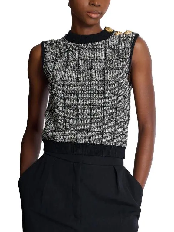 Balmain Tweed Crop Top With Buttons - Black