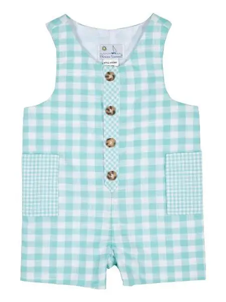 FLORENCE EISEMAN Gingham Linen-look Shortall - Jade/white
