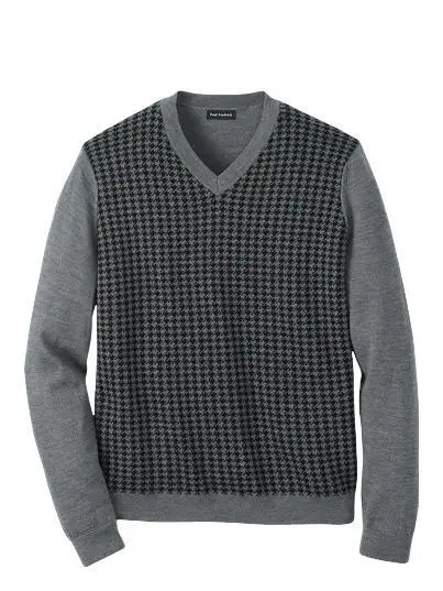 PAUL FREDRICK Merino Wool Houndstooth V-neck Sweater - Black/grey