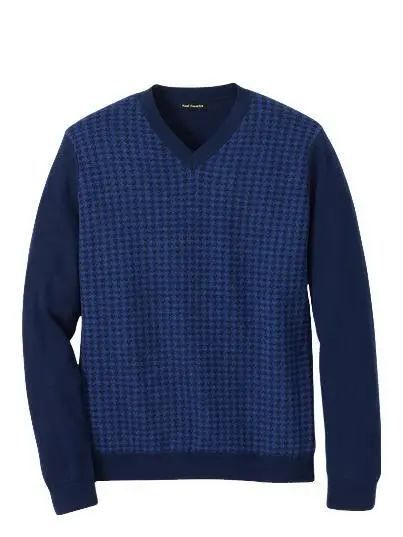PAUL FREDRICK Merino Wool Houndstooth V-neck Sweater - Blue