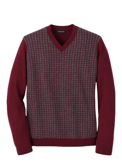 PAUL FREDRICK Merino Wool Houndstooth V-neck Sweater - Burgundy