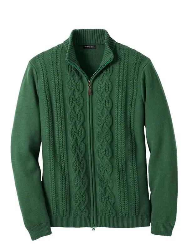 PAUL FREDRICK Cotton Cable Full Zip Mock Neck Sweater - Green