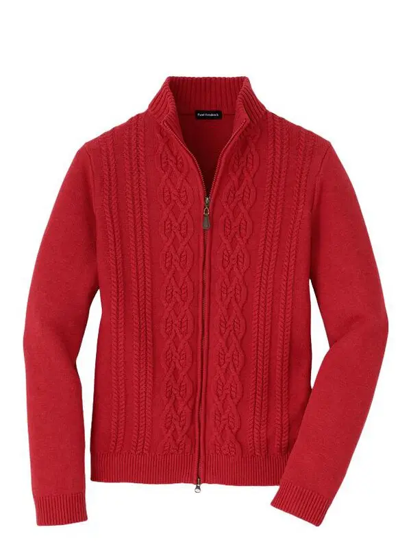 PAUL FREDRICK Cotton Cable Full Zip Mock Neck Sweater - Red